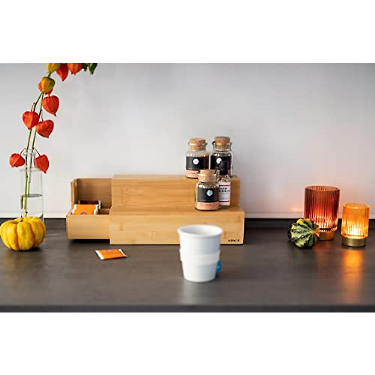 WENKO Bamboo Tea Bag Organizer with Drawer, Tea Bag Storage Container, Coffee and Tea Caddy for Kitchen, Tea Station, Tea Bag Holder, Coffee Bar Accessories and Organizer, 13 x 6.7 x 5.9 in