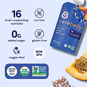 Cerebelly Baby Food Pouches - Organic Beans & Veggies Purees Variety Pack (4 oz, Pack of 8) Toddler Snacks - 16 Brain-supporting Nutrients - Healthy Snacks, Gluten-Free, BPA-Free, Non-GMO