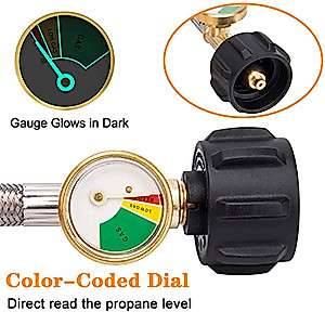 15 inch RV Propane Hose with Gauge, Stainless Steel Braided Tank RV Propane Pigtail Hose Line for Camper Standard Dual Stage Regulator 1/4-Inch Male NPT x QCC-1 Fittings 40Lb 250PSI (2 Pack)