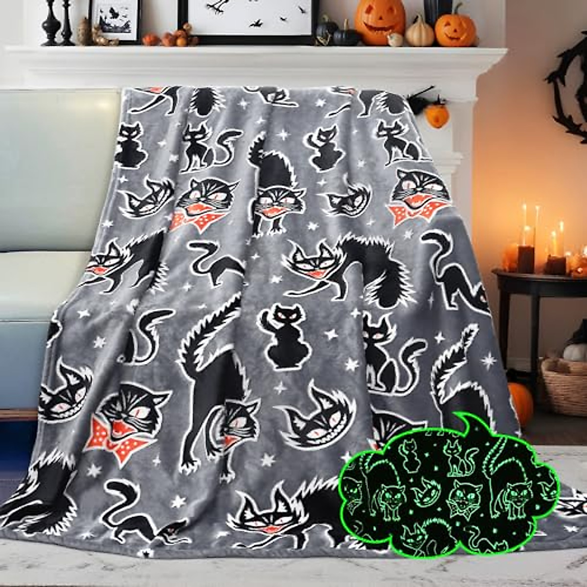 Halloween Blanket Soft Fleece Black Cat Throw Blanket Glow in The Dark Blanket Toys Decor for Kids Boys Girls Teens Birthday