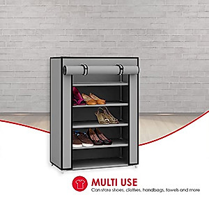 Sunbeam Multipurpose Portable Wardrobe Storage Closet For Shoes and Clothing 5 Tier/Fits 15 Pairs of Shoes Heavy Duty Non Woven Material Gray With Roll Down Cover (Grey)