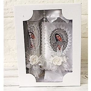 Elegant Handmade 5 Piece Our Lady Guadalupe Virgin Mary Foil Picture Lace Baptism Christening Shells Candle Set Favors Girl Boy White Set de Bautizo Espanol Nina Nino Communion Lace Gift Box