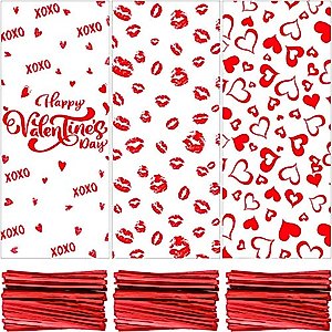 150 Pieces Valentine Cellophane Bags Treat Bags Goodies Bags Candy Bags with 150 Pieces Twist Ties for Valentine's Day Party Favor Supplies (Lip, Heart and Happy Valentine's Day Design)