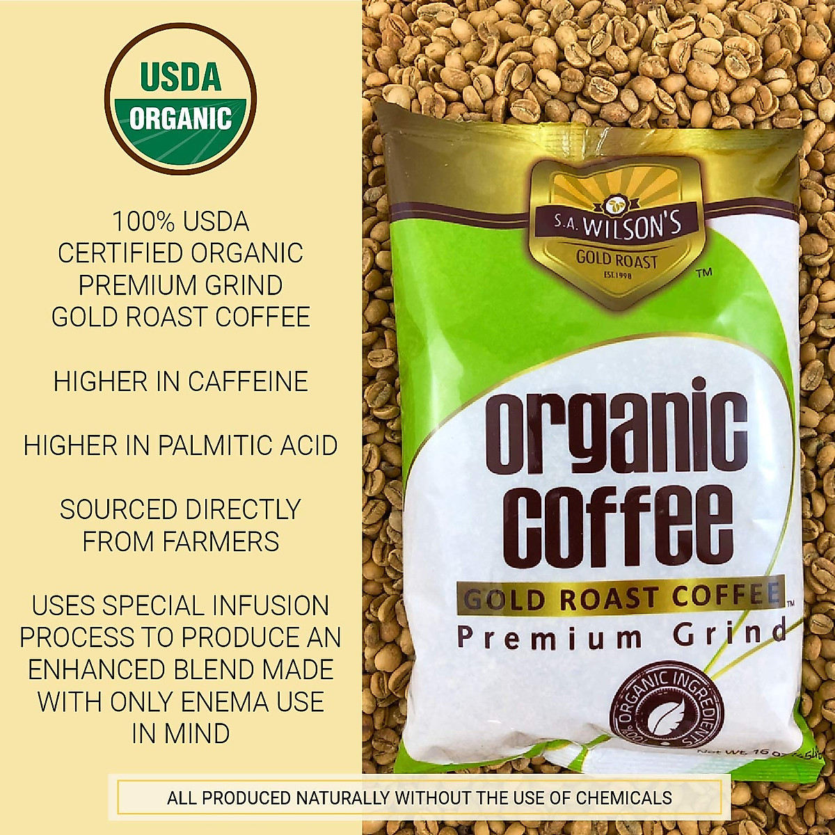 Organic Coffee Enema Coffee Gold Coffee Enema Organic High Caffeine Coffee (44 Higher Caffeine) by S.A. Wilson Enema Coffee 2-Pack with Kinara Coffee Scoop, 3 Piece Set