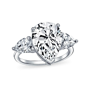Bling Jewelry Bridal Wedding 7CT AAA CZ Pear Shaped Brilliant Cut Solitaire Teardrop Statement Engagement Ring For Women Thin Band .925 Sterling Silver Cubic Zirconia Trillion Side Stones