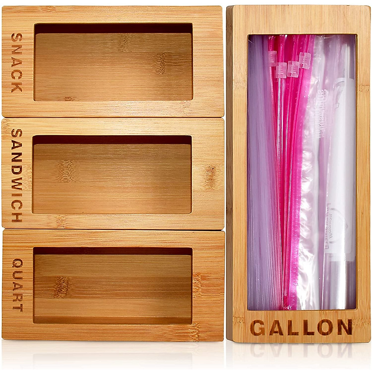 Ziplock Bag Organizer for Kitchen Drawer | Bamboo Food Storage Organizer Set for Ziplock Bags | 4 Pieces: Gallon, Quart, Snack & Sandwich | Compatible with Popular Brands like: Ziplock, Glad,and Hefty