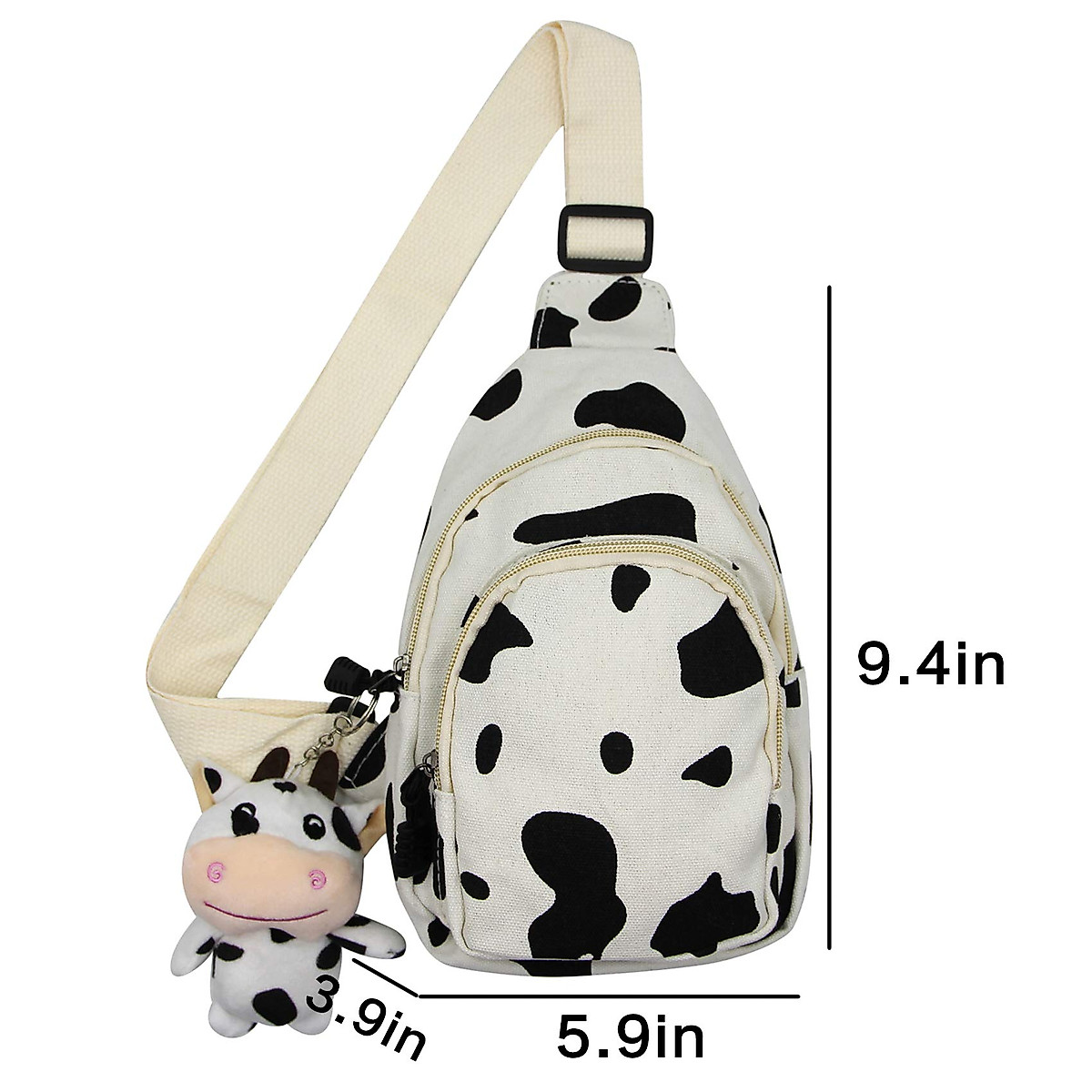 Unisex Canvas Daypack, Cartoon Printed Cows Chest Bag, Small Sling Bag with Hanging Pendant for Women Lady, White