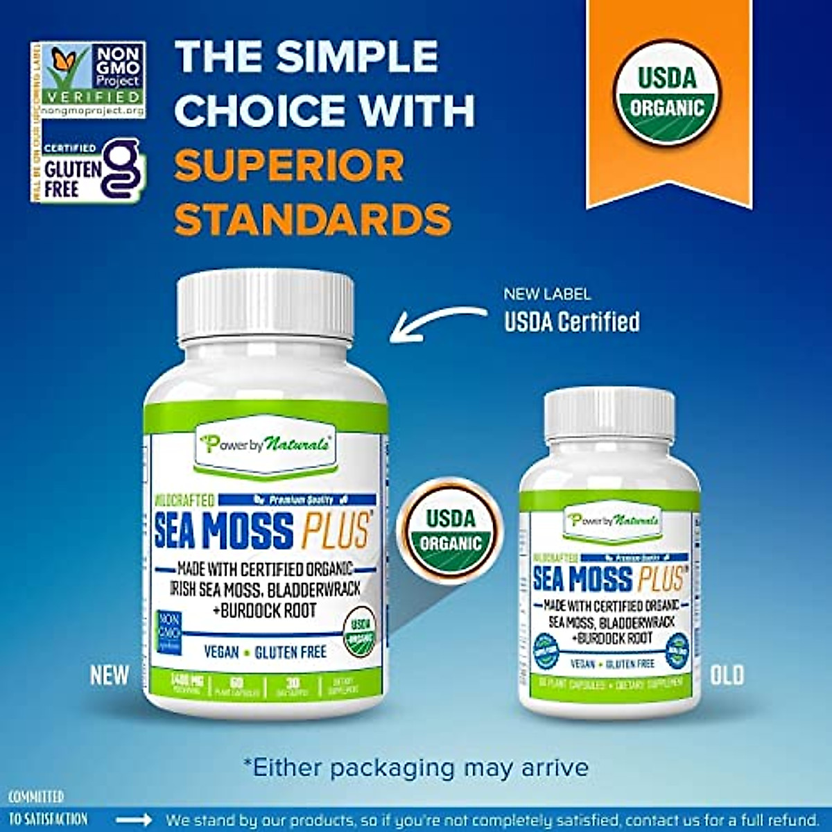 Power By Naturals USDA Organic Sea Moss Plus Bladderwrack and Burdock Root Capsules for Gut Health, Immune Support & Thyroid Supplement (Pure, No Fillers, Wildcrafted Irish SeaMoss Pills) 60Ct.