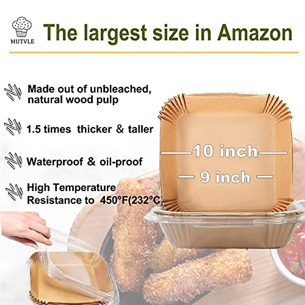 10 Inch Largest Square Air Fryer Disposable Paper Liner, XXL 100Pcs Air Fryer Parchment Paper Liners for 8QT or Bigger Air Fryer, Non-stick, Food Grade Baking Paper for Frying, Roasting and Microwave