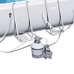 Bestway Power Steel 18' x 9' x 48" Rectangular Metal Frame Above Ground Swimming Pool Set with 1500 GPH Sand Filter Pump, Ladder, and Pool Cover