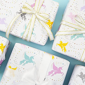 Magic Flying Unicorn Over Rainbow Star Dreams On White Wrapping Paper Sheets, Fantasy Horse With Wings and Horn Gift Wrap for Birthday Wedding Bridal Baby Shower Girl Kids, 4 Sheets Folded Flat 20x28 inches per sheet, 15 sq. ft. ttl.