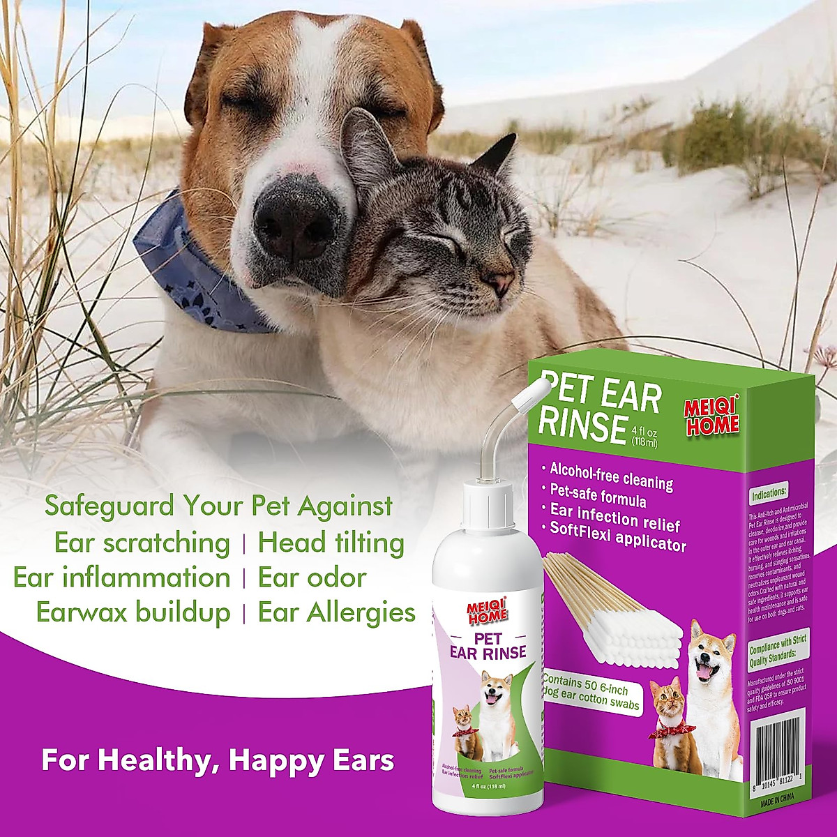 MEIQIHOME Ear Cleaner for Dogs and Cats Soothes Ear Inflammation, Removes Wax and Odor, Includes 50 Cotton Swabs, 4 Fl oz, Cleaner for Dogs