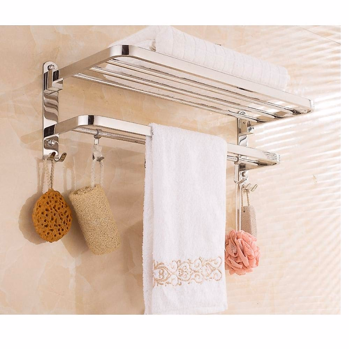 SUS304 Stainless Steel Thickened Mirror Polished Double Layer Foldable Towel Rack with Hook-Length 60CM Wall Mounted Towel Bar Hanging for Kitchen Bathroom Cupboard (Length 60CM)