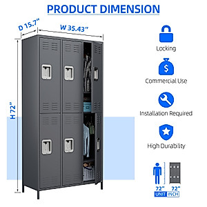 JAORD Metal Locker Storage Cabinet with 6 Doors, 72" Tall Locker for Employees, Steel Lockers for Home Office School Gym (Dark Gray)