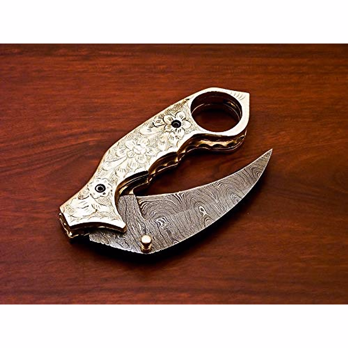 Handmade Damascus Folding Pocket Knife Karambit Knife Hunting Knife Handle Brass Steel Folding with Leather Sheath 1083