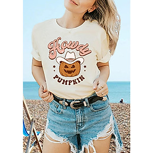 Howdy Pumpkin Shirt Women Western Halloween Tshirt Retro Vintage Pumpkin T-Shirt Cute Fall Tops Cowgirl Party Tee (XXL,Beige)