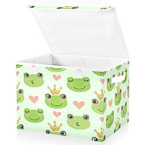 Krafig Cartoon Funny Animal Frog Foldable Storage Box Large Cube Organizer Bins Containers Baskets with Lids Handles for Closet Organization, Shelves, Clothes, Toys