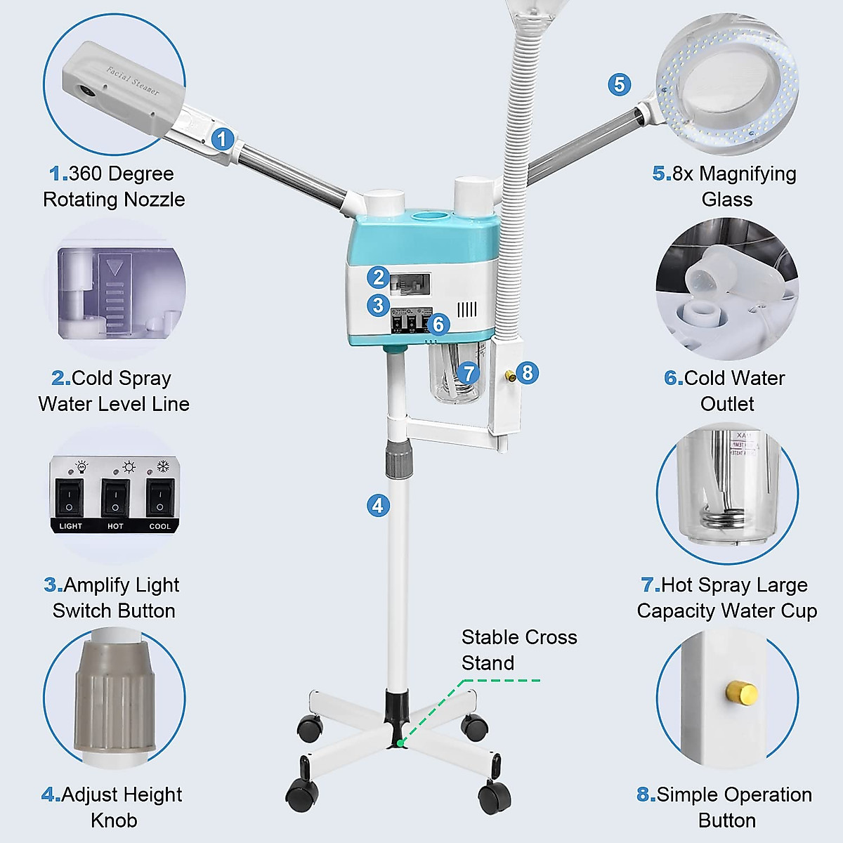 FLOLXNB Facial Steamer, Professional 3 in 1 Cool/Hot Mist Facial Steamer with 8X Magnifying LED Lamp, Face Steamer On Wheels for Salon Spa Beauty Skin Care