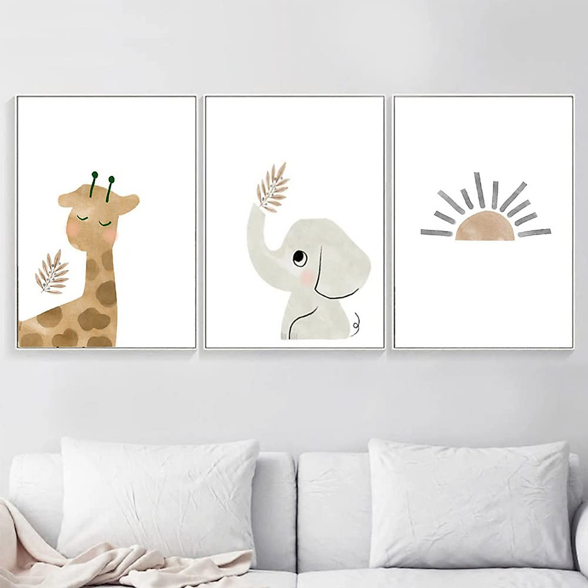 Boho Cartoon Animal Kids Room Decor, Cute Giraffe Elephant Sun Canvas Nursery Wall Art for Baby Girls & Boys Playroom Bathroom Bedroom