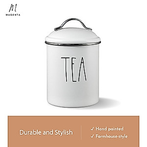 Rae Dunn Tin Tea Canister, Storage Tin with Lid and Elongated Writing