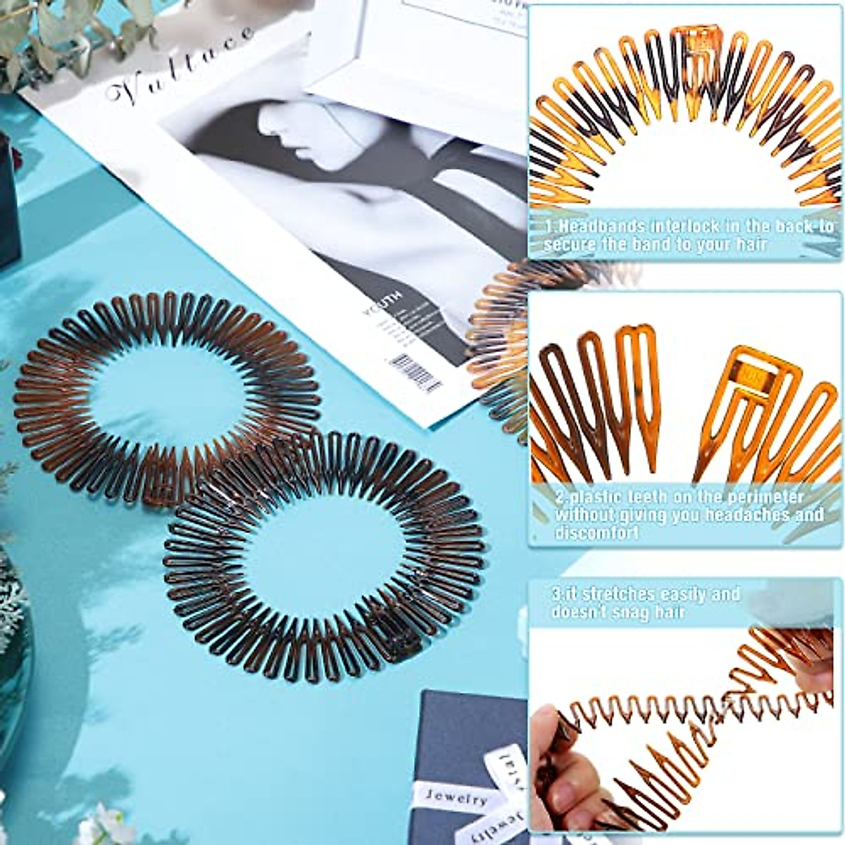 9 Pieces Circular Flexible Plastic Hair Combs and Headbands for Women Girls, 3 Colors (Yellow Leopard, Red Leopard, Tortoise Shell)