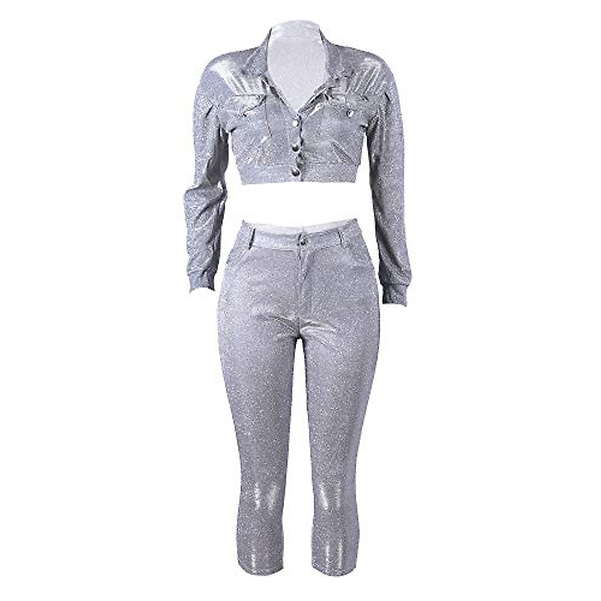 MS Mouse Womens Long Sleeve Jackets and Capris Set Sequin Two Piece Outfits L Silver