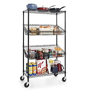 CAPHAUS NSF Commercial Heavy Duty 4 Tier Wire Shelving w/Two Trapezoid Baskets, Wheels, Leveling Feet, Storage Metal Shelf, Basement Garage Shelving Storage, Utility Wire Rack Storage Shelving Black