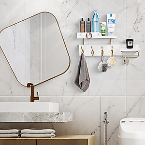 Lampaggio Coat Rack Wall Mount with Shelf, 4 in 1 Wood Coat Hooks with Key and Mail Holder, 17 Inch Entryway Hanging Shelf with Sunglasses Holder and 4 Metal Hooks for Clothes Hats Bag, White and Gold