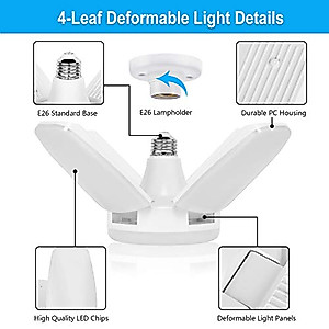 4 Pack LED Garage Lights, 60W 6000LM Deformable Garage Ceiling Light, E26 Dimmable Garage Light, 6500K LED 4-Leaf Light for Garage Workshop Warehouse Basement