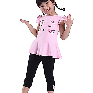 CuteMe Adorable Baby Girls Clothes Set Cute Cat Print Sleeveless Shirt Tops Cropped Pants 2 Pieces Outfits (19101,Pink,120)