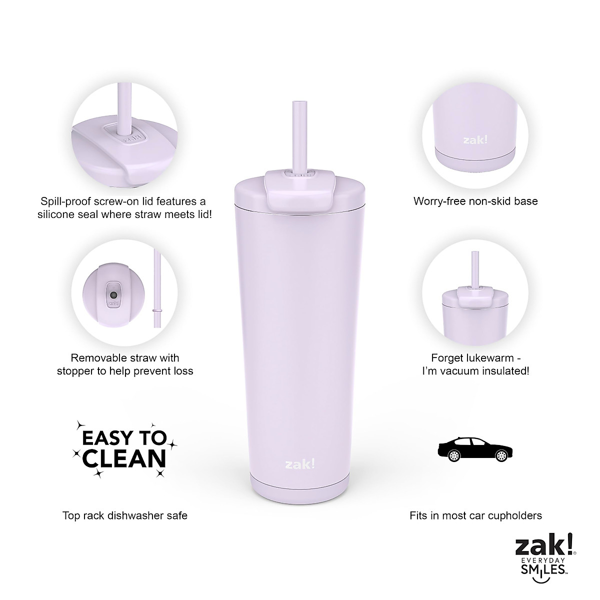 Zak Designs Beacon Straw Tumbler for Travel or At Home, 24oz Stainless Steel with Vacuum Insulated and Non-Skid Base (Smoky Lilac Purple)
