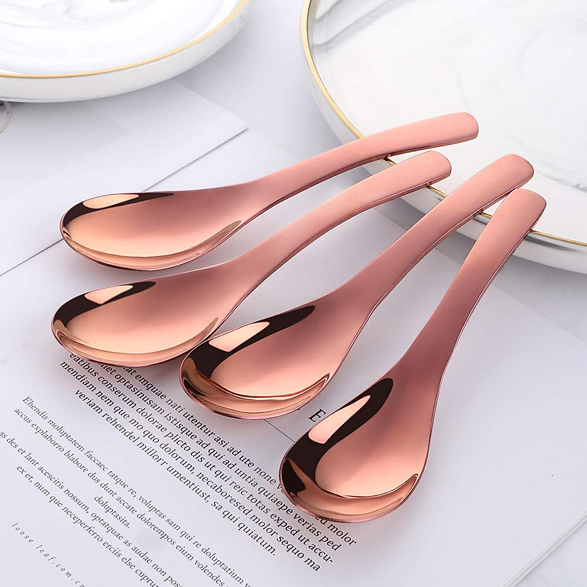 Bisda Thick Heavy Duty Soup Spoons, Set of 4, Stainless Steel Polished Asian Rice Table Spoon,Dishwasher Safe (Rose Gold)