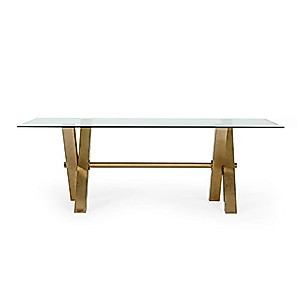 Limari Home Othon Collection Modern Style Glass Rectangular 8 Persons Dining Table with Stainless Steel Legs, Gold