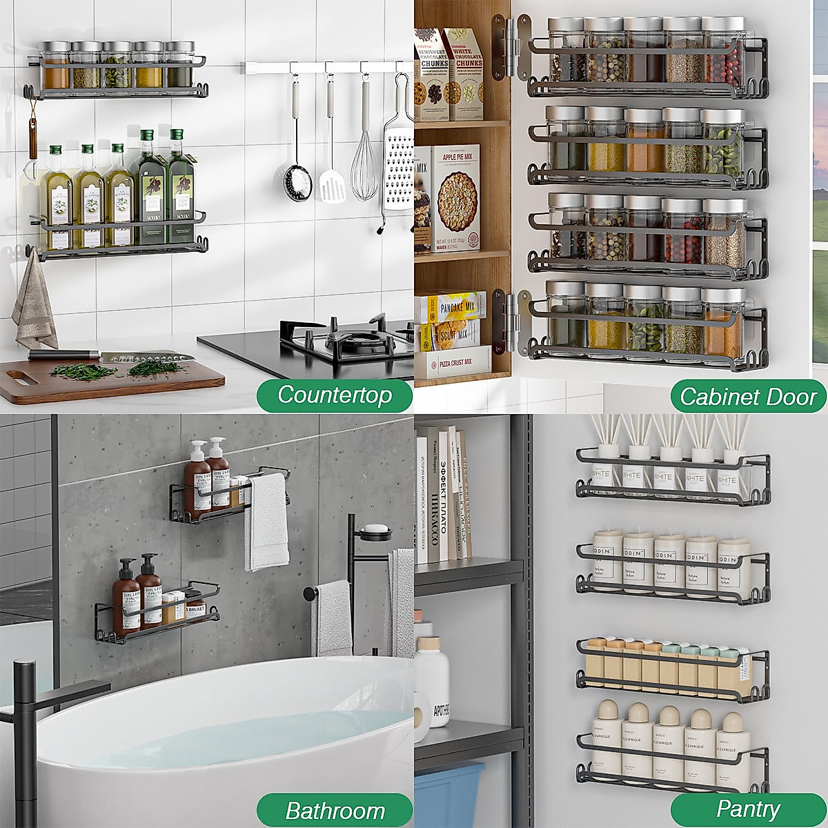 LUCYCAZ 4 Pack Wall Mounted Spice Rack with 16 Hooks, Spice Organizer for Cabinet Pantry Door,Screw or Adhesive Spice Shelf Hanging Wall Spice Rack in Kitchen and RV (Black)