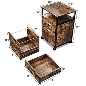 TC-HOMENY Mobile File Cabinet on Wheels Office Cabinet with 2 Drawers, Wood Filing Cabinet fits A4 or Letter Size for Home Office, Rustic Brown