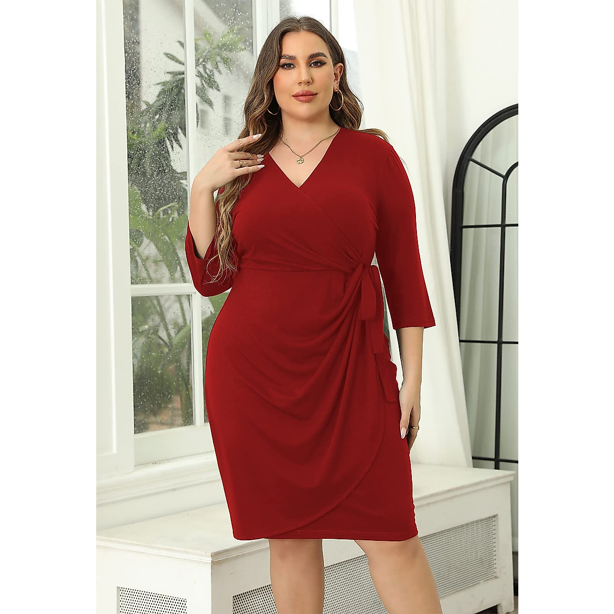 Nemidor Womens Plus Size 3/4 Sleeve Ruched Wrap Dress Casual Pleated Bodycon Midi Work Dress NEM348(18,Red)