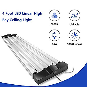 FAITHSAIL Linkable 4FT LED Low Bay Shop Light, 48 Inch 5000K Daylight Utility Shop Light for Workshop, 4 Lamp 80W 9000lm, 250W Fluorescent Equivalent, Linear Hanging Lights Fixture, 1 Pack