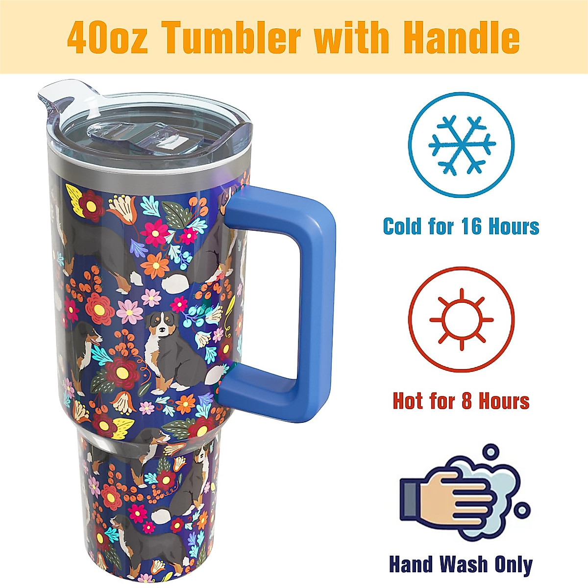 owbgsdh Bernese Mountain Dog Gifts for Women Lovers 40 oz Floral Bernese Mountain Tumblers with Handle and Straw, Stainless Steel Vacuum Insulated Travel Coffee Mug Cup Water Bottle