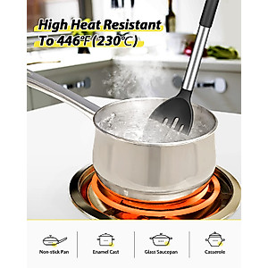 2 Pcs Silicone Cooking Spoons, Solid and Slotted Spoon Set, Non-Stick BPA Free Heat-Resistant Basting Kitchenware for Soup, Serving, Draining, Stirring（Black）