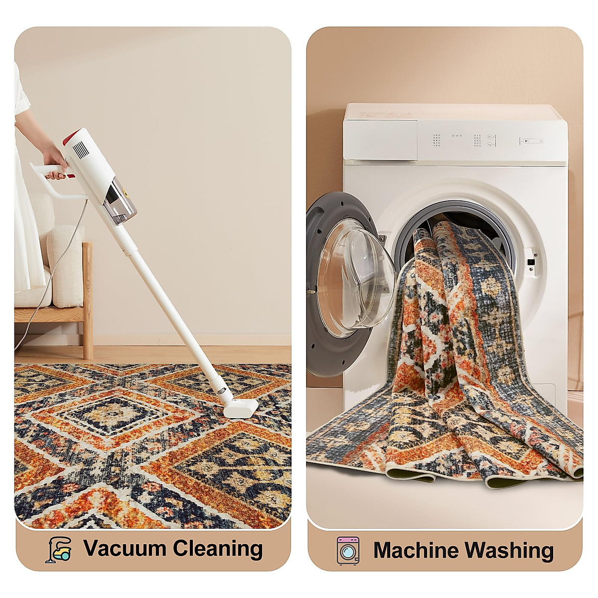 BESTSWEETIE 9x12 Area Rugs, Washable 9x12 Rug, Non Slip Floor Carpet, Low Pile Water Repellent,Ultra Soft Moroccan Rugs for Living Room Bedroom Indoor-Orange/Brown