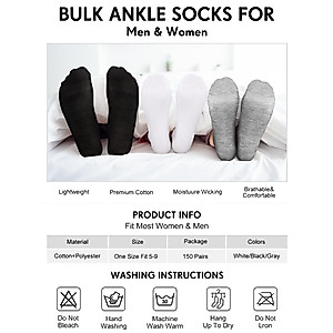150 Pairs Low Cut Ankle Socks Pack Comfortable Wicking Lightweight Ankle Sock Casual No Show Short Socks for Men Women (White, Black and Gray)