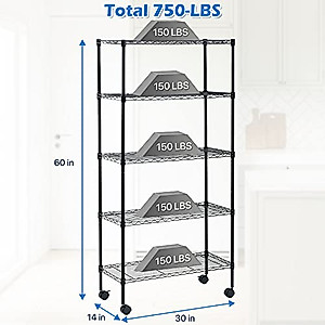 Dkeli 5 Tier Wire Shelving with Wheels, 14"x30"x60" Storage Shelves NSF Heavy Duty Adjustable Utility Rolling Steel Garage Shelving Metal Storage Rack, Black