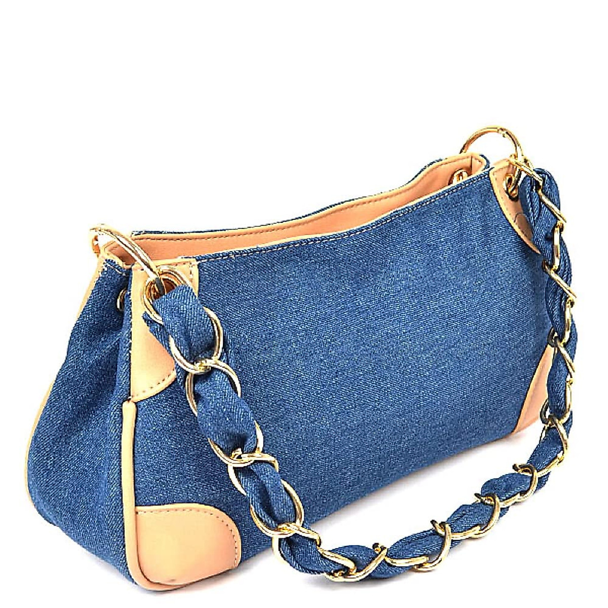 Womens Girls Vintage Retro Denim Jeans Medium Chain Shoulder Bag Purse Handbag (Dark Denim)