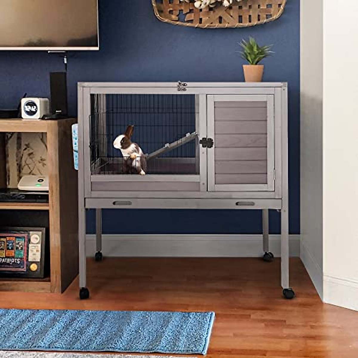 Rabbit Hutch Indoor, Bunny Cage Pet House for Small Animals Guinea Pig Cage on Wheels - Removable Wire Mesh