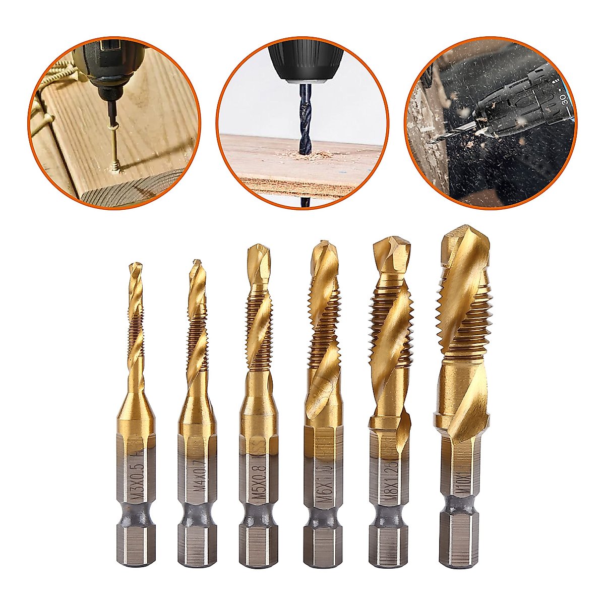 6 Pack Titanium Combination Drill Tap Bit Set, 1/4" HSS Hex Shank Screw Tapping Bit for Drilling, Tapping and Countersinking, M3-M10