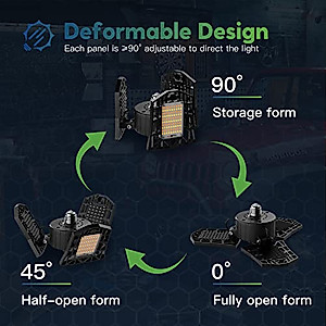 2-Pack 3CCT LED Garage Light with 3 Deformable Panels, 60W 6000LM with E26/27 Medium Base, 3000K/4000K/6000K Selectable Triple LED Garage Lighting, Screw in LED Tri Light for Attic, Basement(Black)