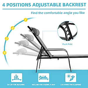 EROMMY Patio Chaise Lounge, Set of 2 Outdoor Lounge Chair, for Beach Pool Sunbathing Lawn Lounger Recliner Chiar Outside Tanning Chairs for All Weather (Grey)