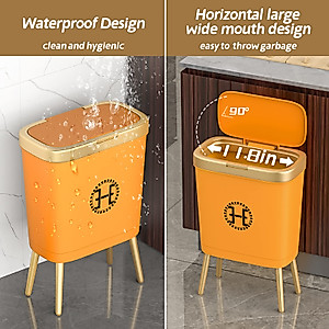 Bedroom Trash Can with Lid,Slim Bathroom Cans Lids, Dog Proof Press Top Lid,Modern Gold Plastic Waste Basket for Living Room, Office,Kitchen, 4 Gal-Orange