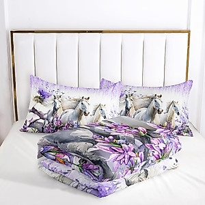 AILONEN Horse Comforter Set Twin Size, Purple Lavender Flower Bedding Set for Girls Women,Galloping Horse Bed in a Bag Quilt and 2 Pillowcases,3 Pieces Twin Comforter Set