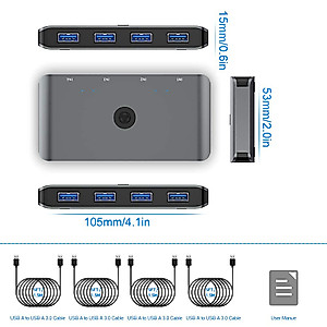 USB 3.0 Switcher Selector 4 Computers Sharing 4 USB Devices Aluminum KVM Switch Hub Adapter for Mouse Keyboard Scanner Printer PC, KVM Console Box with One Button Swapping and 4 Pack USB Cable